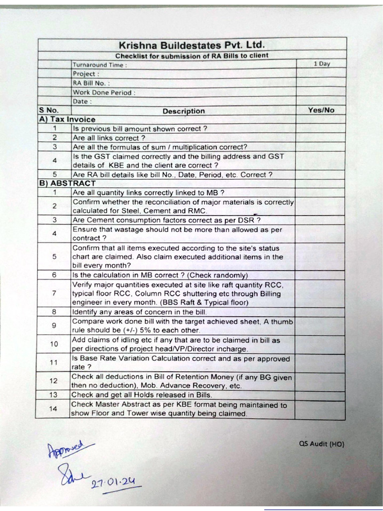 Checklist For Submission of RA Bills To Client | PDF
