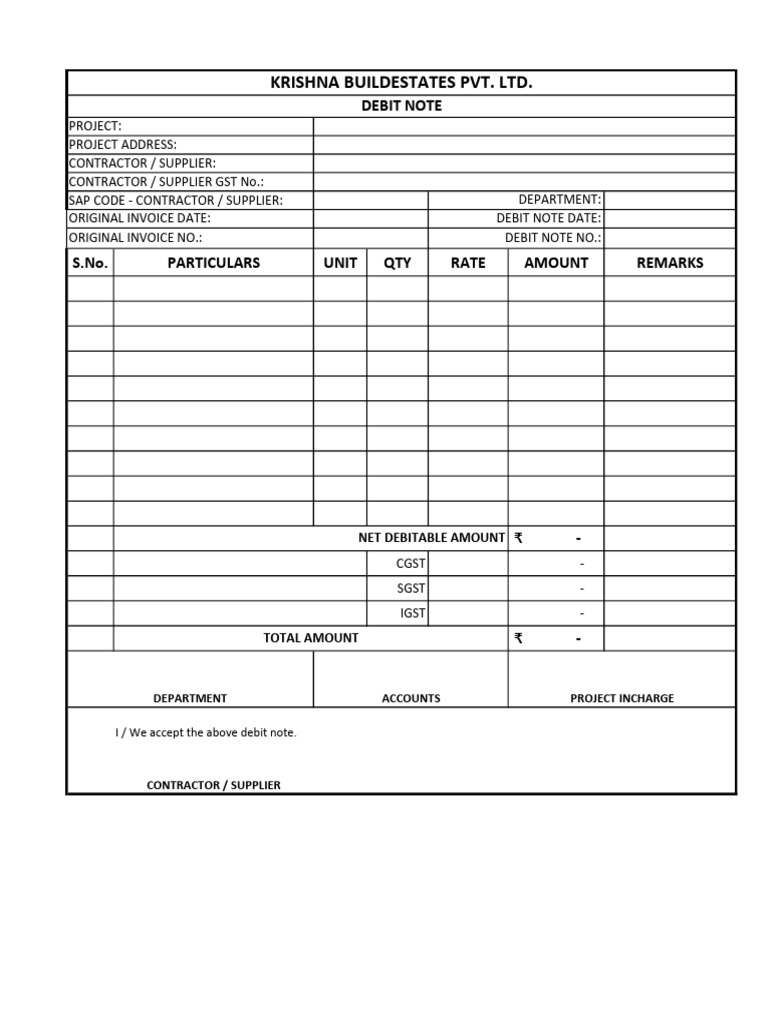 Debit Note Details for Contractors | PDF