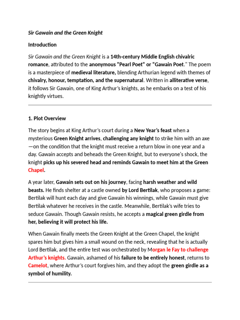 Summary of Sir Gawain and the Green Knight | PDF | Green Knight | Gawain