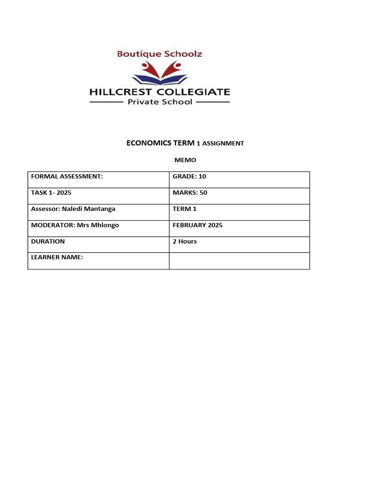 Grade 10 Economics Term 1 Memo | PDF