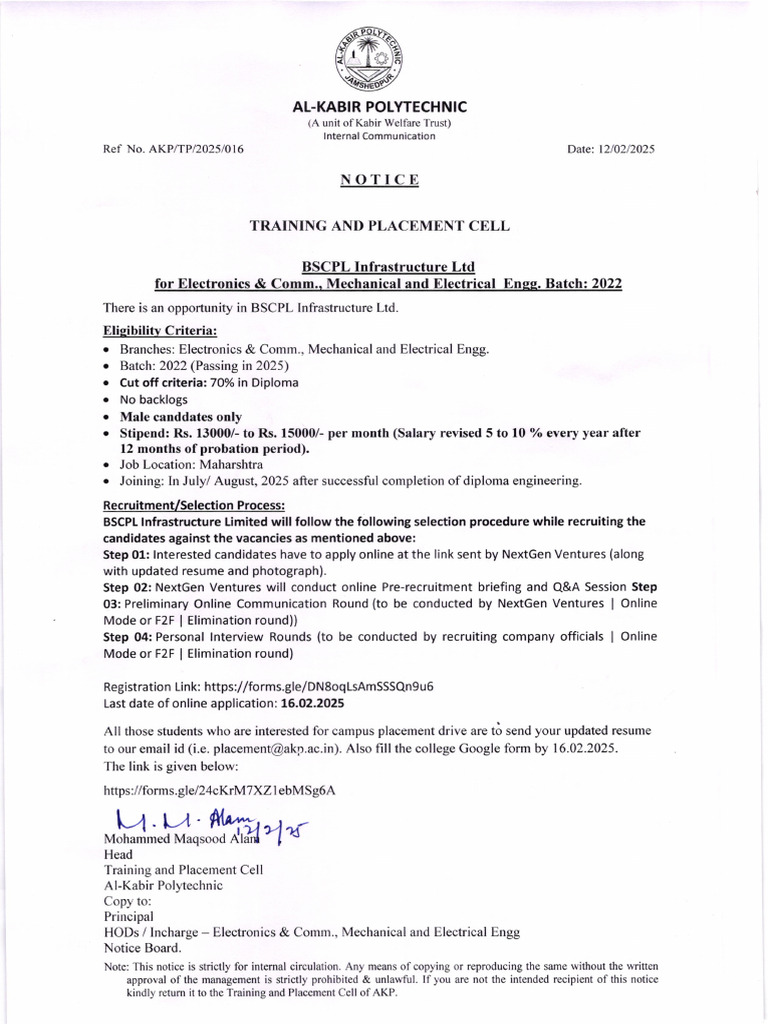 Notice-Campus Placement by BSCPL Infrastructure Ltd. | PDF