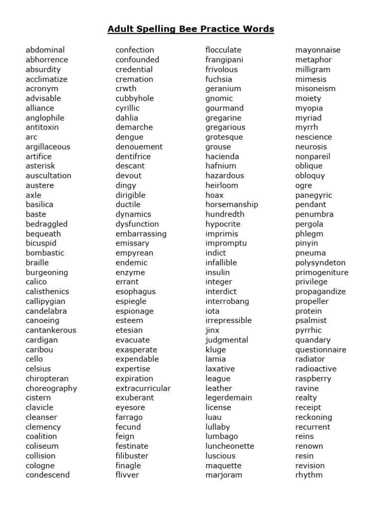 Adult Spelling Bee Practice Wordsl | PDF