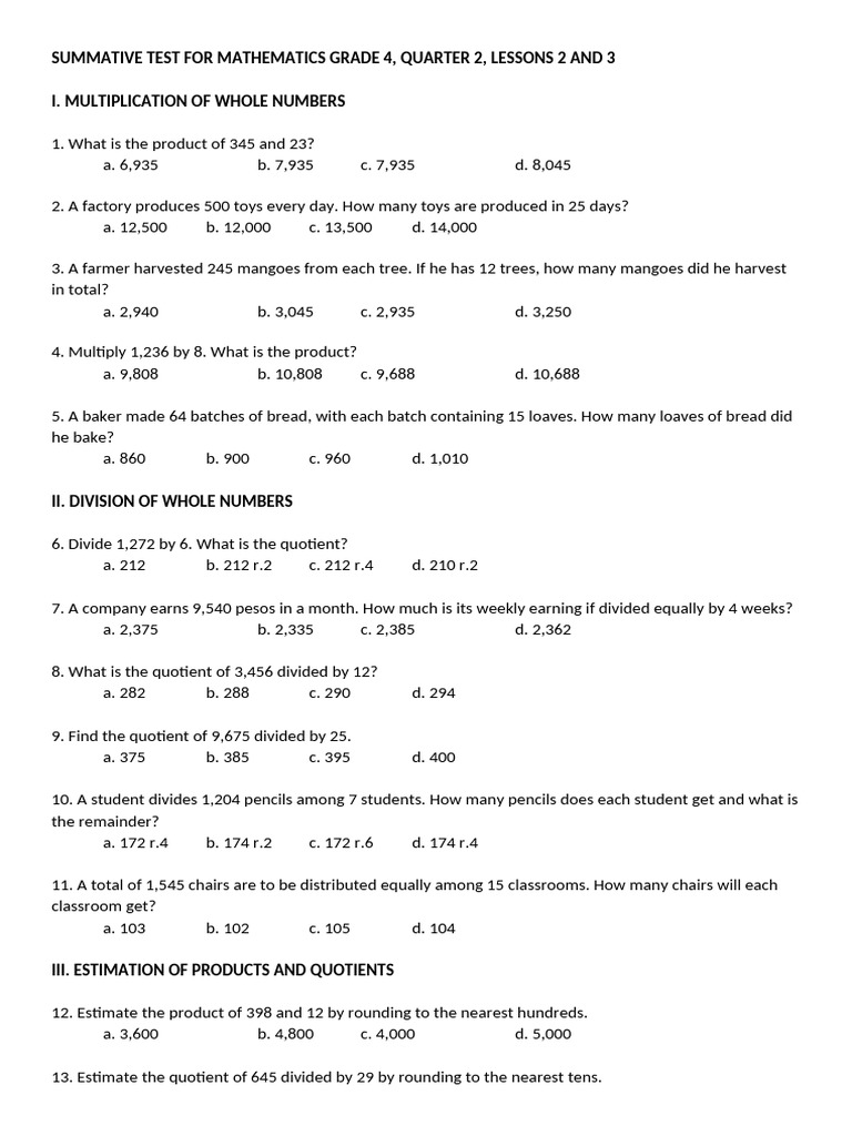 Grade 4 Math Test: Multiplication & Division | PDF | Division ...