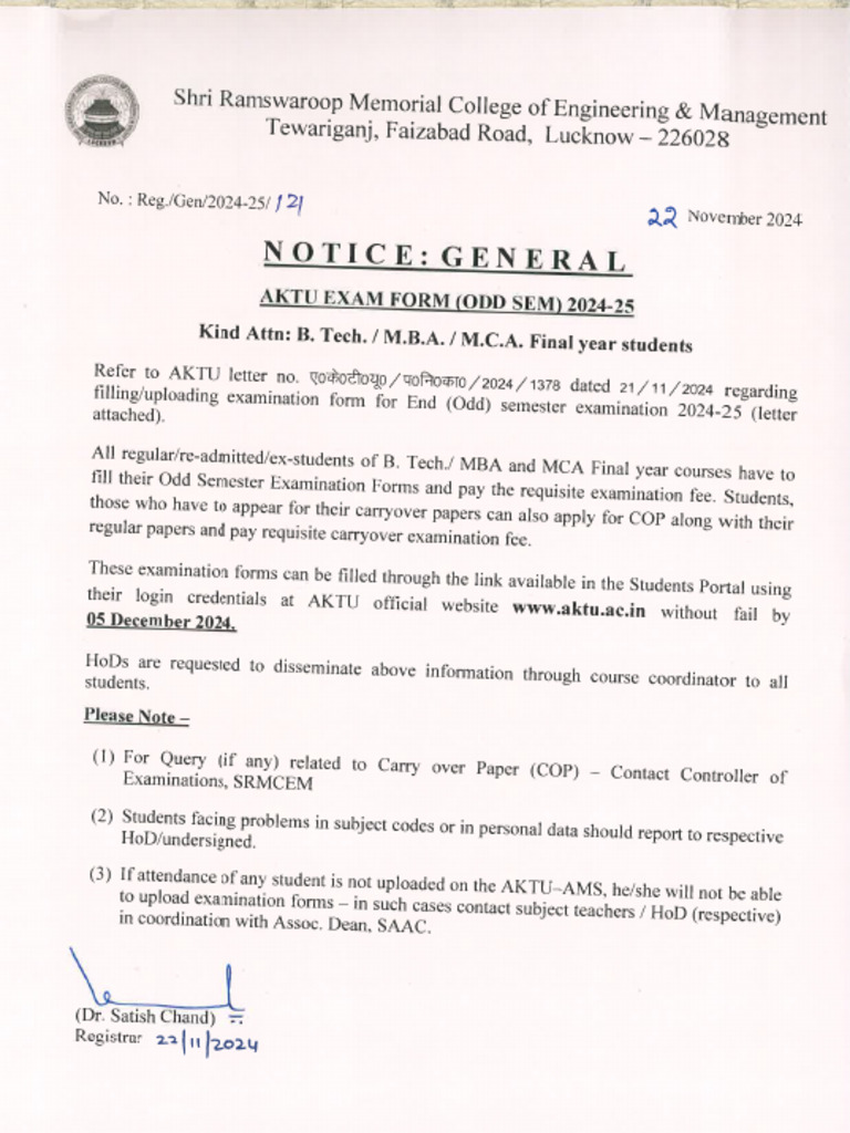 Notice-AKTU Exam Form Odd Semester 2024-25 | PDF