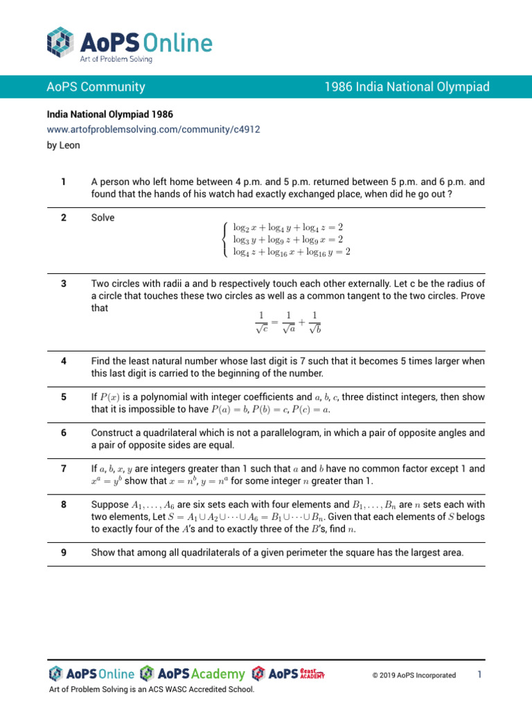 Aops Community 1986 India National Olympiad | PDF