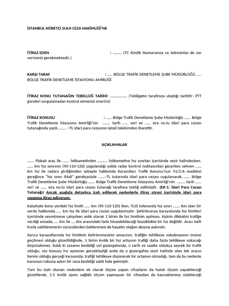 Hiz Siniri Cezasi Iptal Dilekce Ornegi | PDF