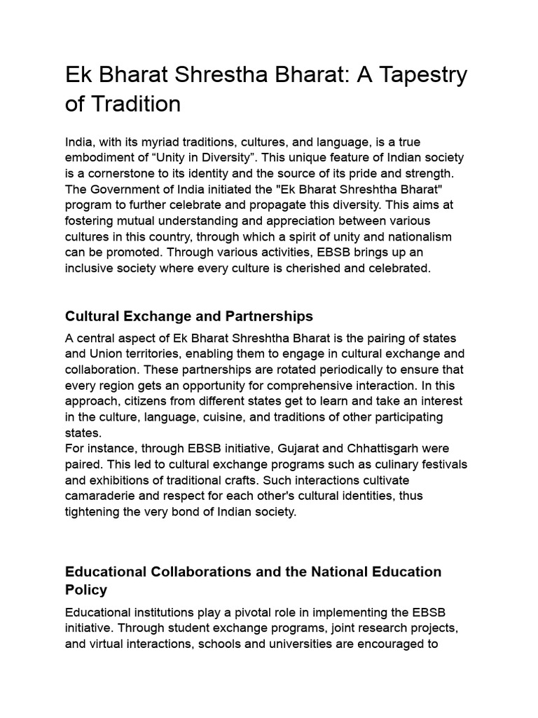 Ek Bharat Shrestha Bharat A Tapestry of Tradition | PDF | Tourism ...