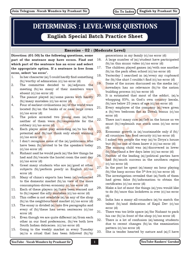 Determiners (Advance Level Practice Sheet) | PDF | Plural | Grammatical Number