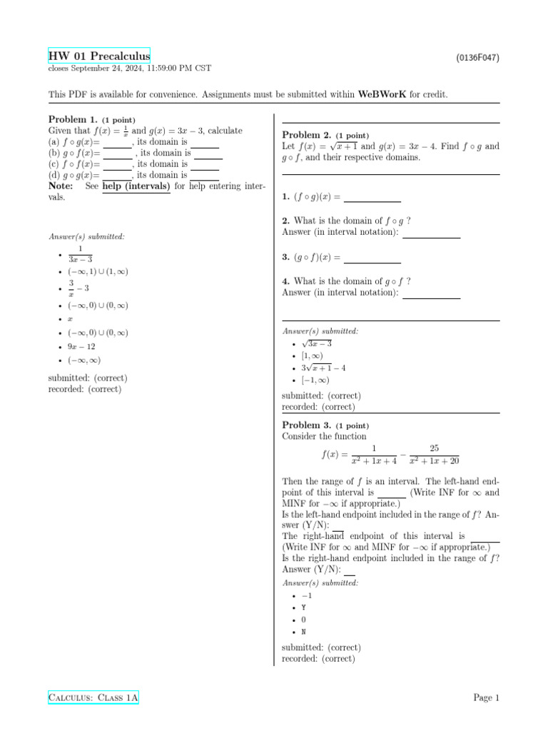 HW - 01 - Precalculus (Ans) | PDF | Mathematics | Mathematical Analysis