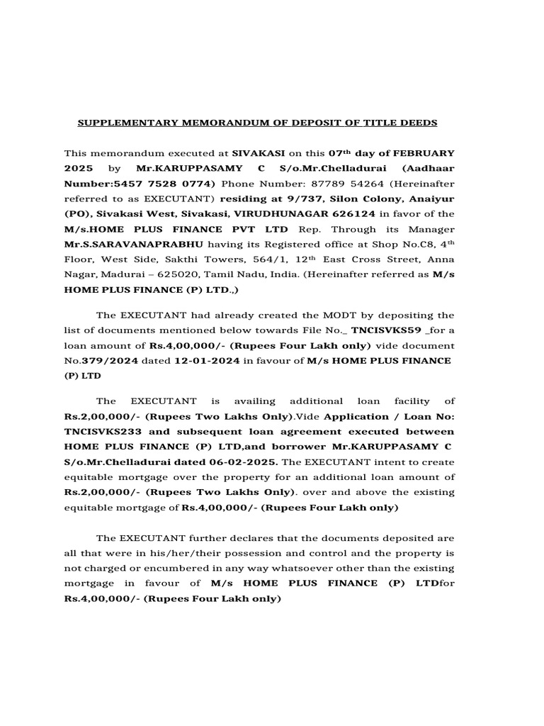 Memorandum of Deposit of Title Deeds | PDF | Credit | Finance & Money Management