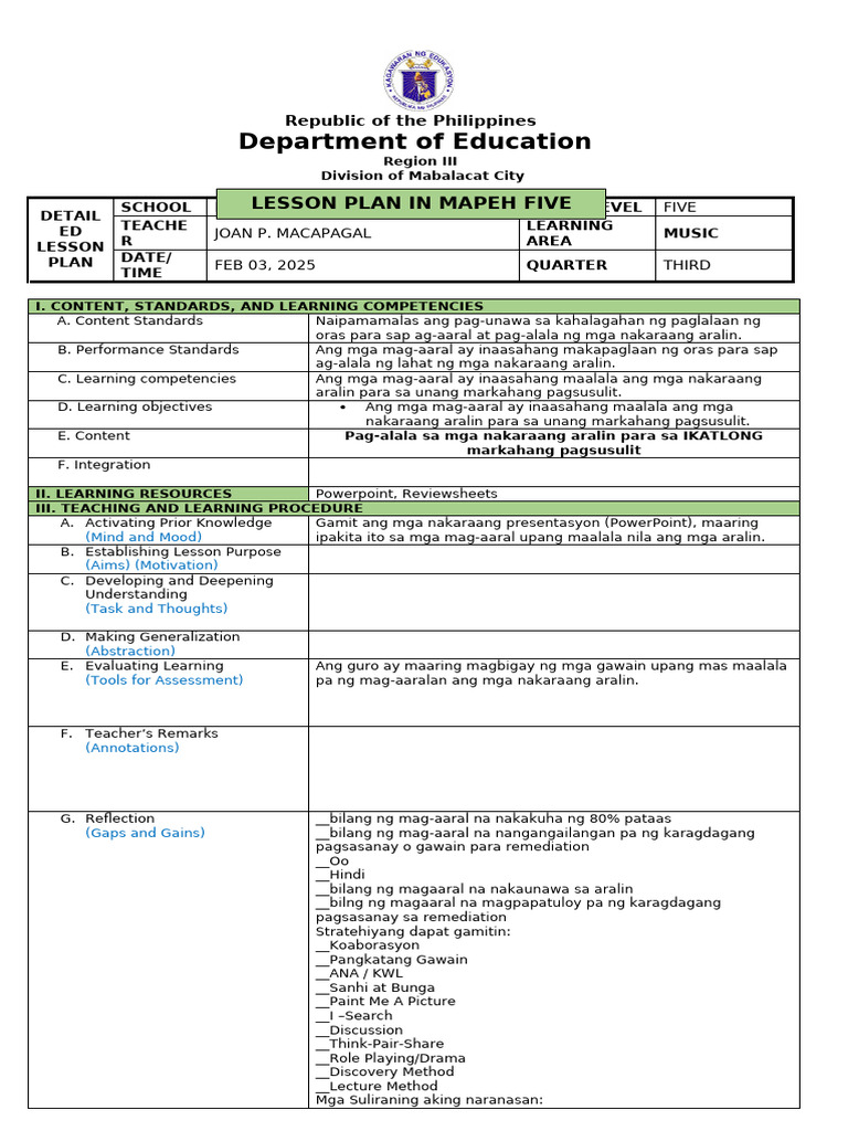 MAPEH - Q3 - DLP - WEEK 9 - DAY 1 To 5 - FEB 3 - 7, 2025 | PDF
