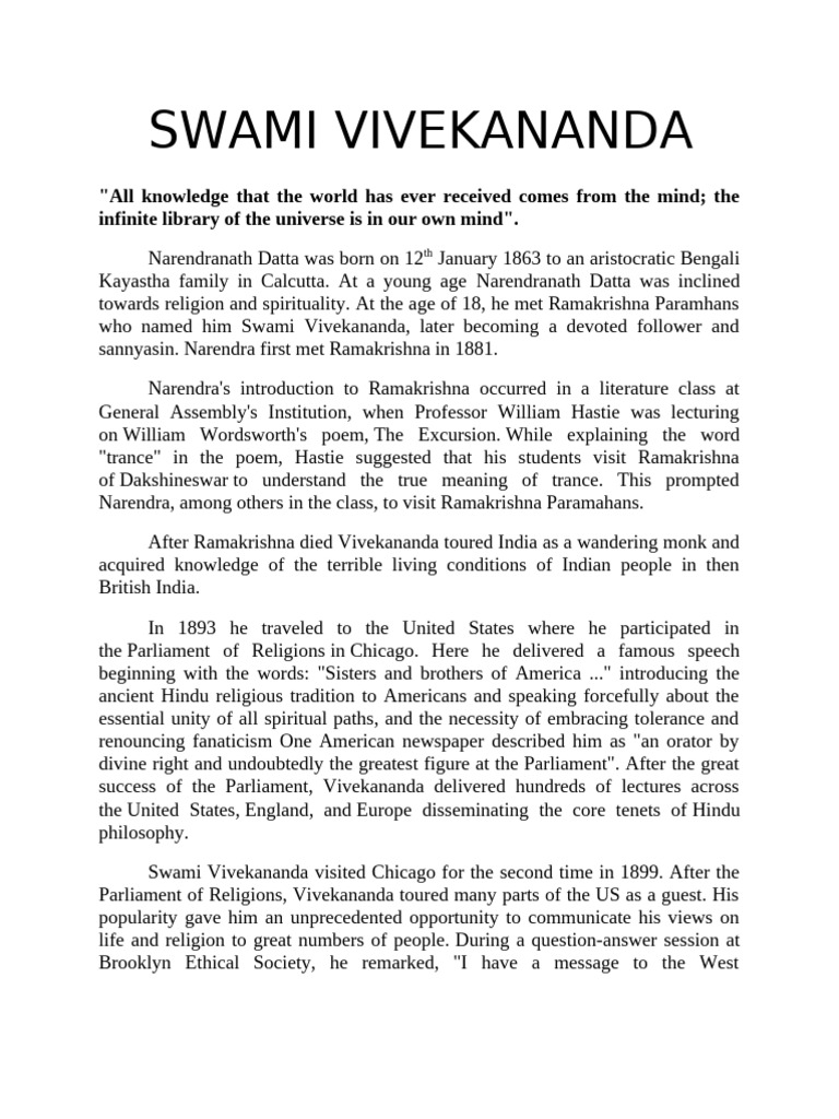 Article On Swami Vivekananda | PDF | Swami Vivekananda | Spirituality