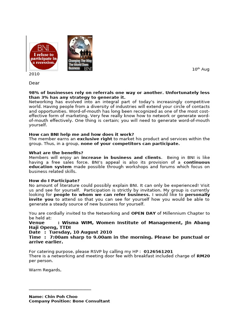BNI Invitation Letter 10 Aug 2010 (Final) | PDF