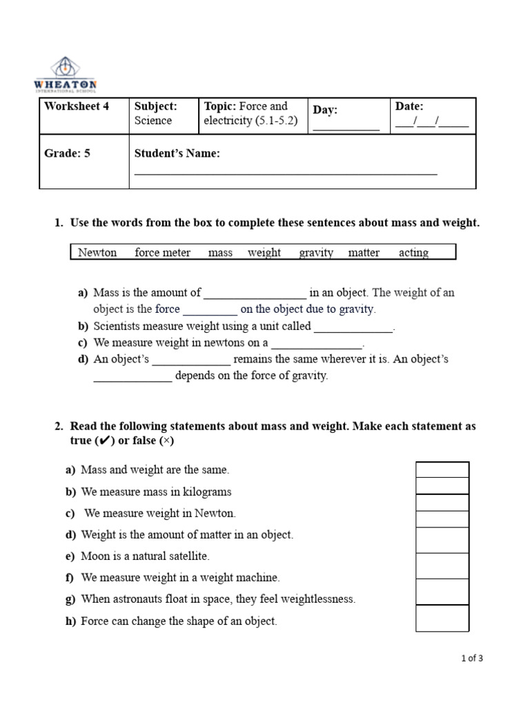 Force and Electricity Worksheet for 5th Grade | PDF | Weight | Mass