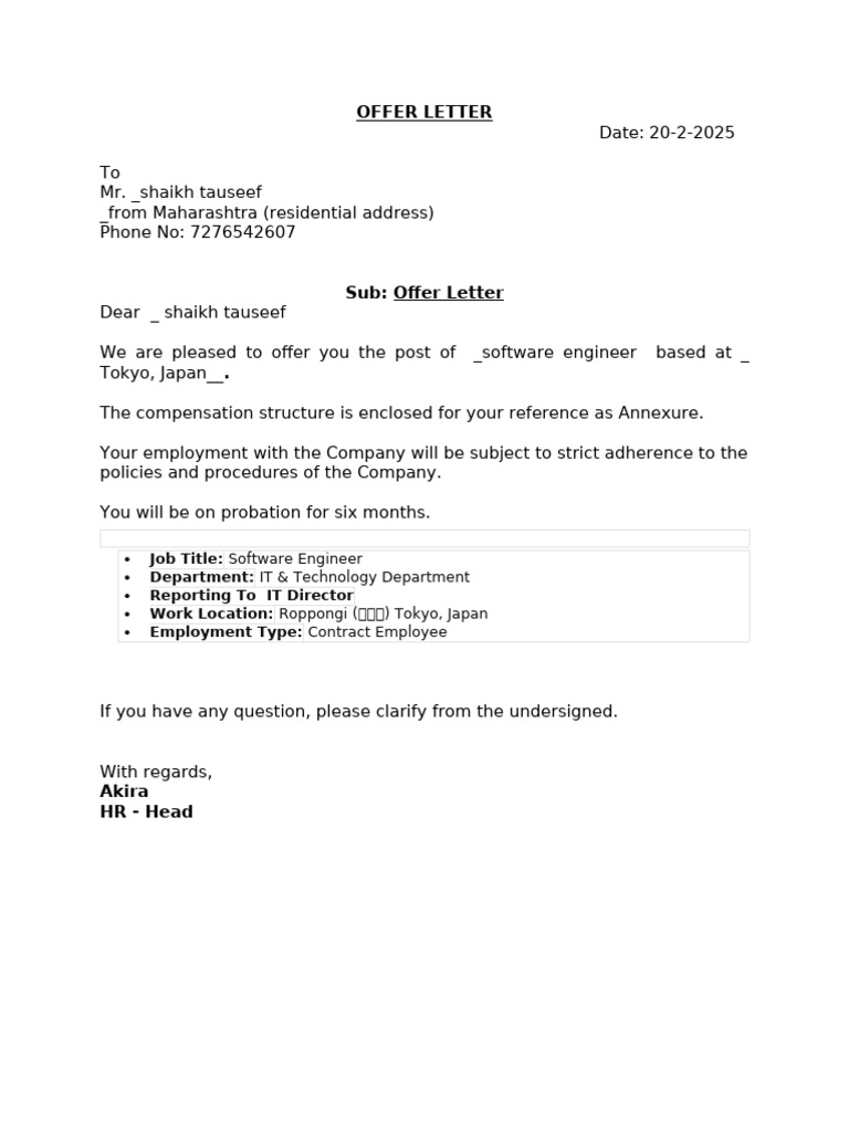 Japan Software Engineer Offer Letter | PDF