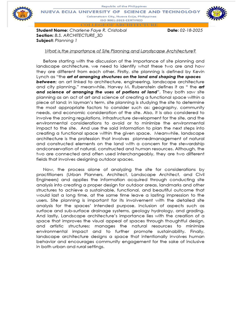 Cristobal, Charlene Faye R - Planning 1 - Assignment1 | PDF | Landscape ...