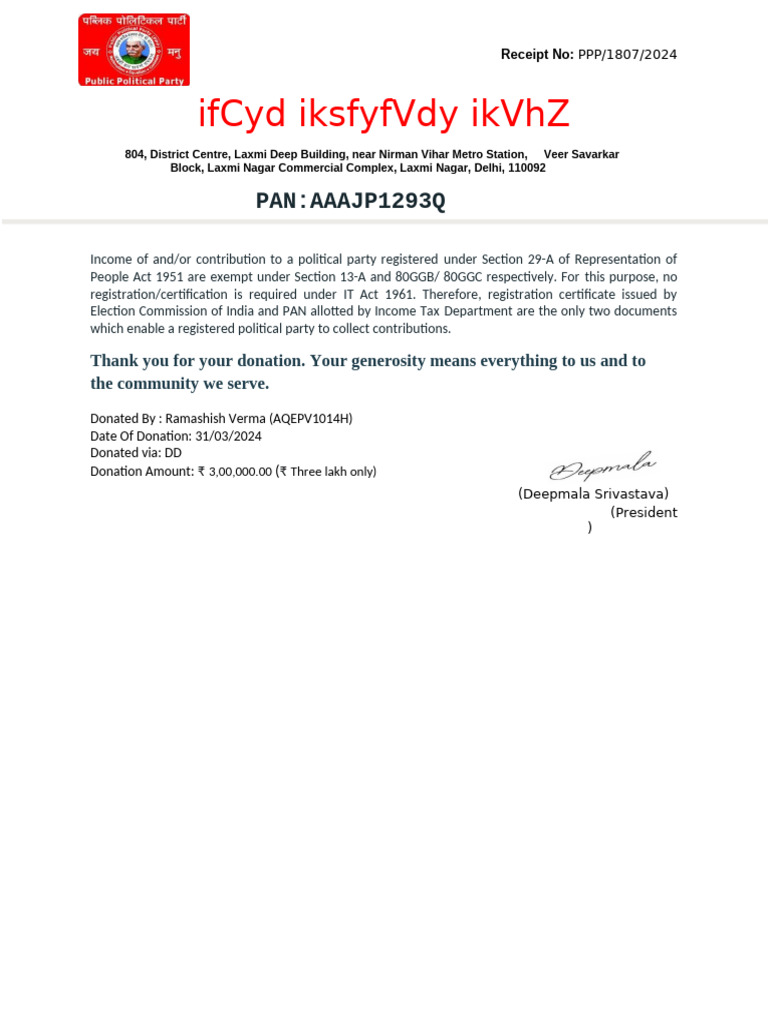 Political Party Donation Receipt 2024 | PDF