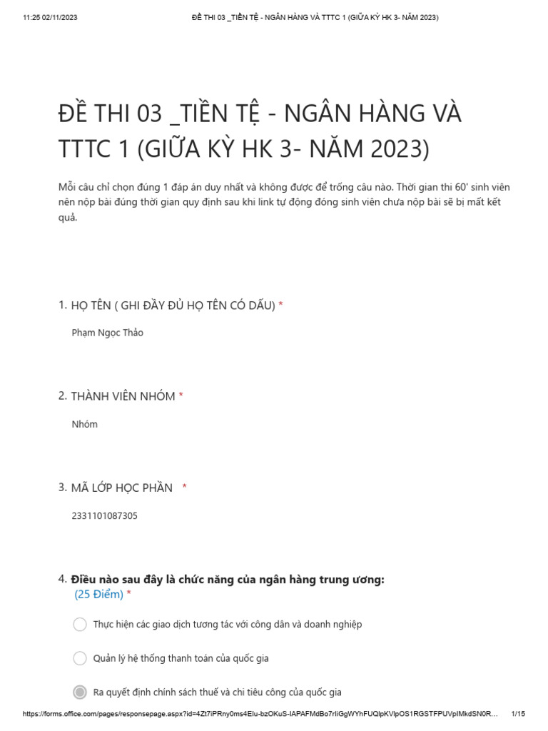 Đề Thi 03 - tiền Tệ - Ngân Hàng Và Tttc 1 (Giữa Kỳ Hk 3- Năm 2023) | PDF