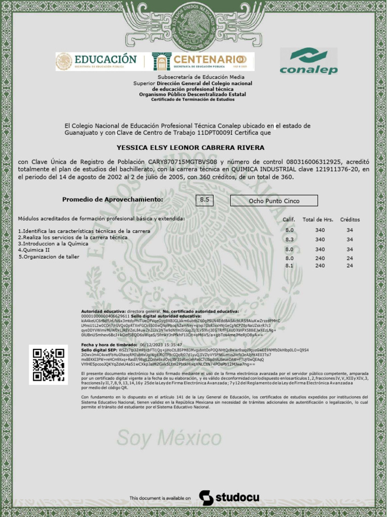 Certificado de Bachillerato Conalep Química | PDF