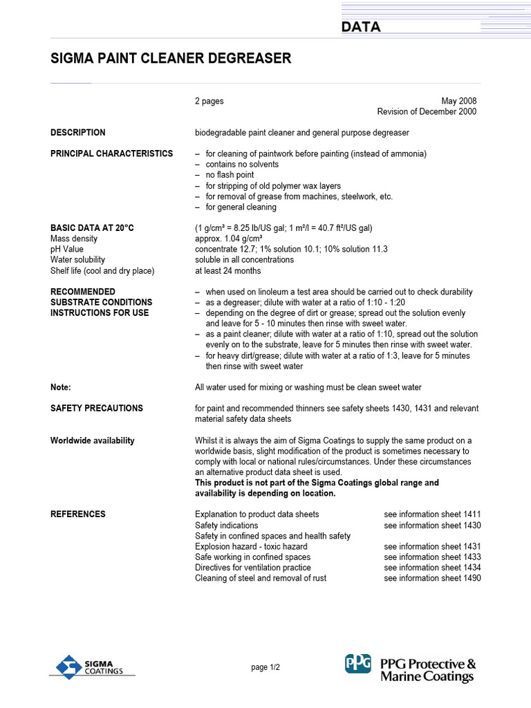 PDS_0800_05-2008_Sigma_Paint_cleaner_degreaser | PDF | Safety | Paint