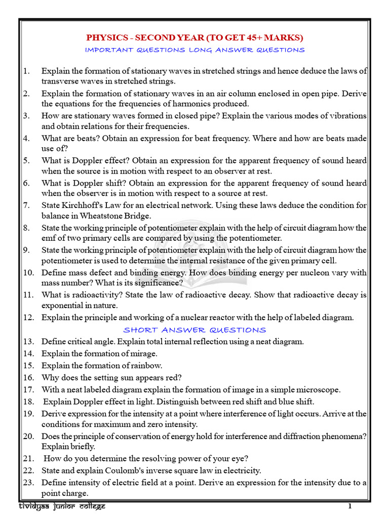 SR Physics Important Questions For 40+marks | PDF | Diode | Magnetic Field