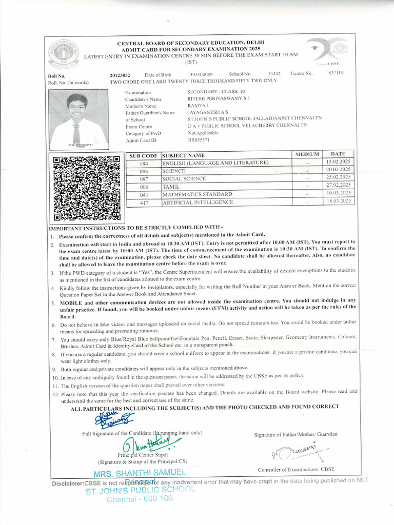 Ritesh Periyaswamy Hall Ticket (Class 10-A) SJPS | PDF