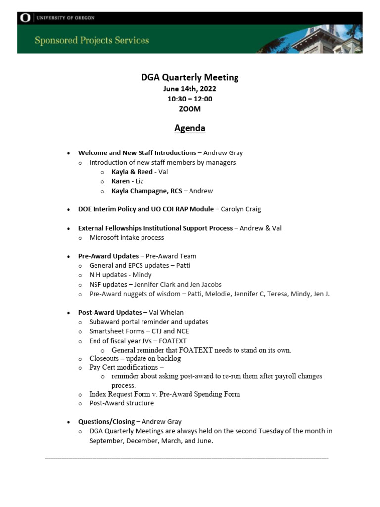 DGA Quarterly Meeting Agenda - June 2022 | PDF