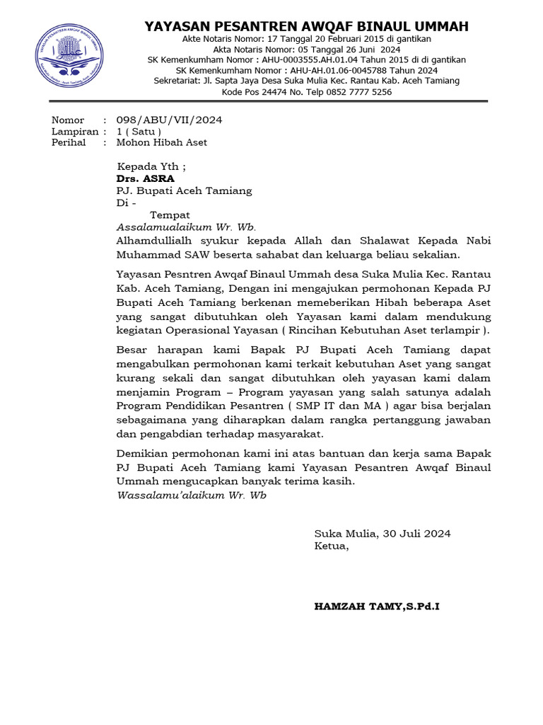 Surat Permohonan Hibah Aset Pemda 2024 | PDF