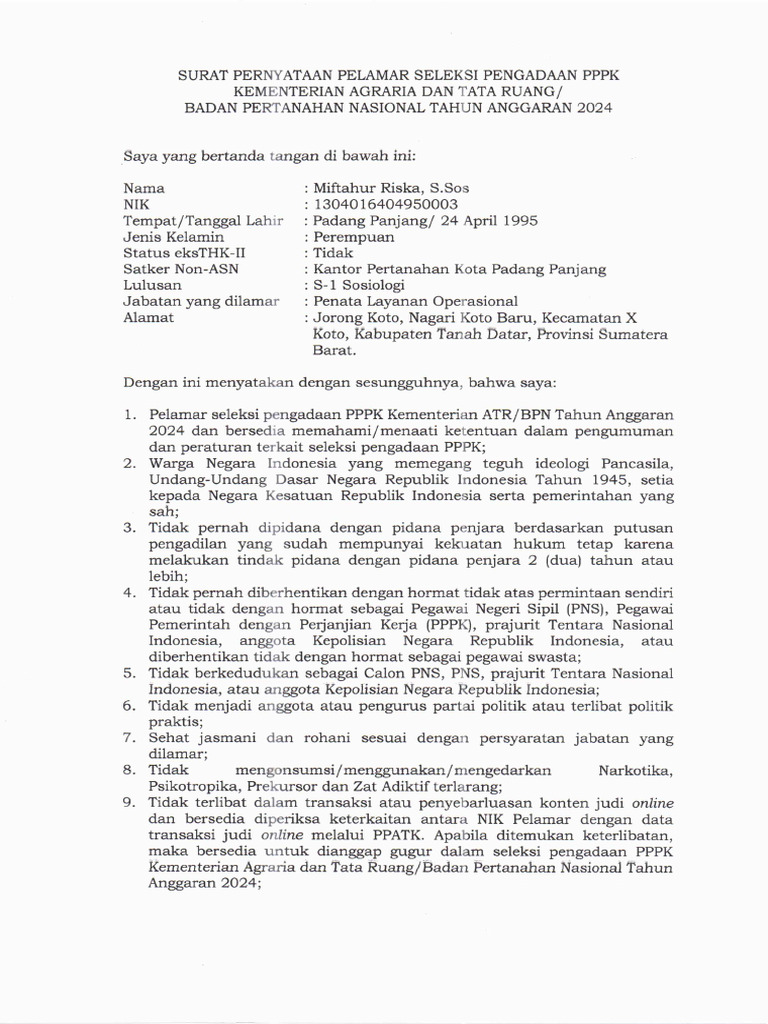 Surat Pernyataan Riska 2024 Benar | PDF