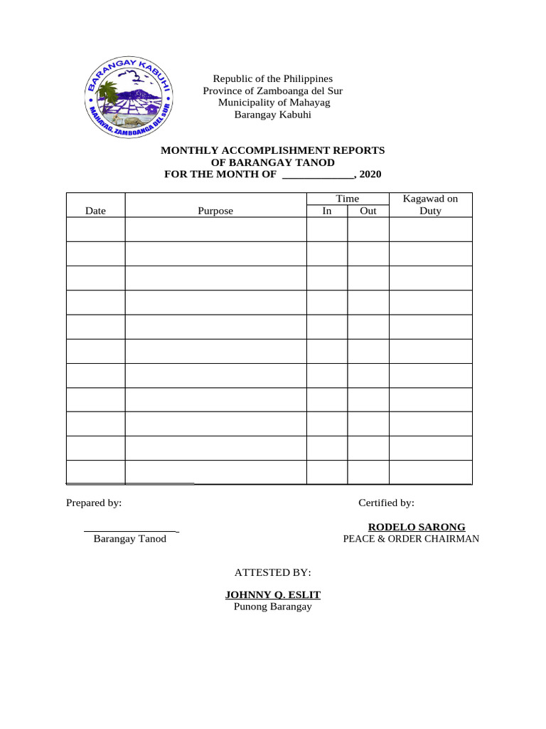 Monthly Accomplishment Report: Barangay Tanod | PDF