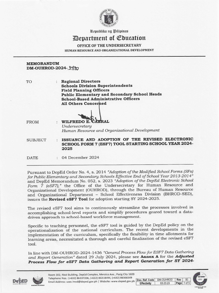 DM-OUHROD-2024-3470 Issuance and Adoption of The Revised ESF7 SY 2024-2025 | PDF