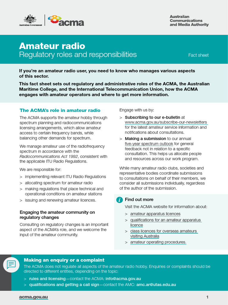 ACMA Amateur Radio Regulations Guide | PDF | Radio Spectrum | Amateur Radio