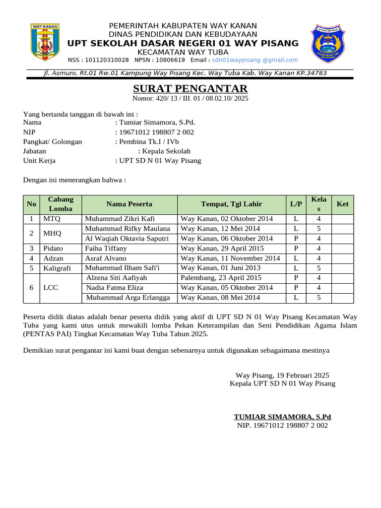 Peserta Lomba PENTAS PAI Way Tuba 2025 | PDF