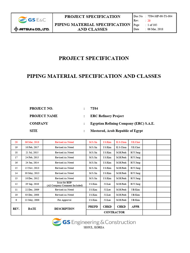 7T04-MP-00-TS-004 Rev20 Piping Material Specification and Classes | PDF ...