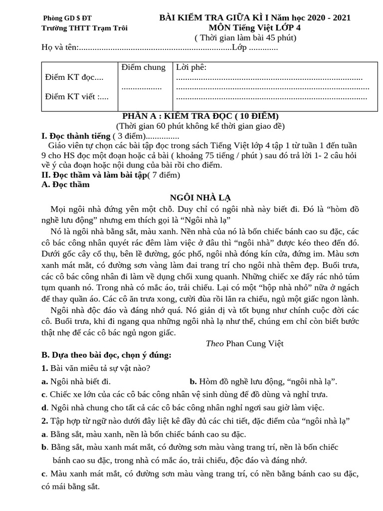 ĐỀ KT Giữa HK1 | PDF