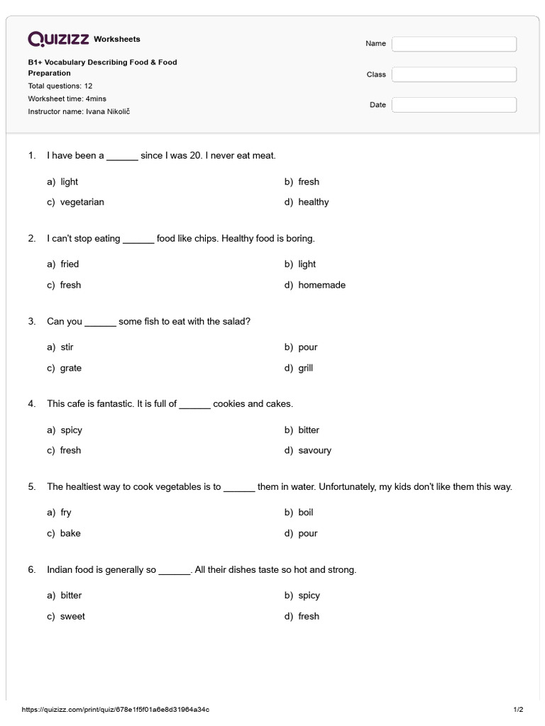 B1+ Vocabulary Describing Food & Food Preparation my quiz | PDF | Foods ...
