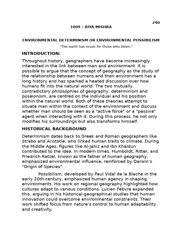 Determinsim and possibilism | PDF | Geography | Natural Environment