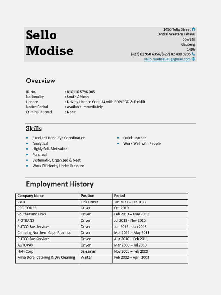 Code 14 Driver CV with PDP Details | PDF | Land Transport | Road Transport