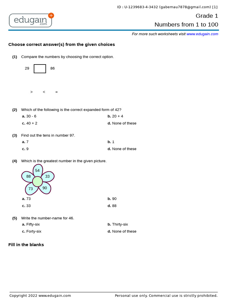 Grade1-Numbers From 1 To 100 | PDF