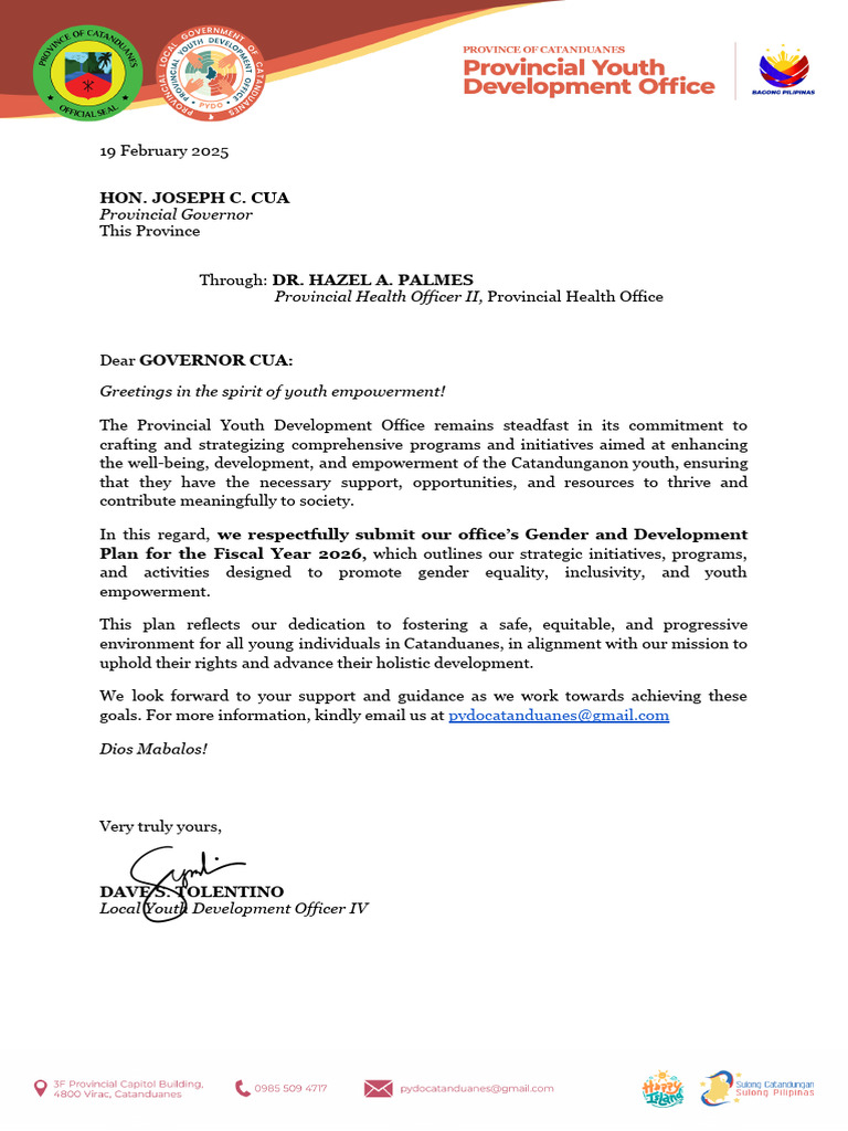 Transmittal PYDO GAD Plan For FY 2026 | PDF