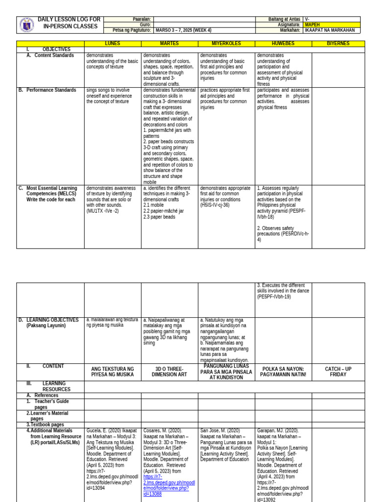 Q4 - Mapeh - DLL - Week 4 | PDF