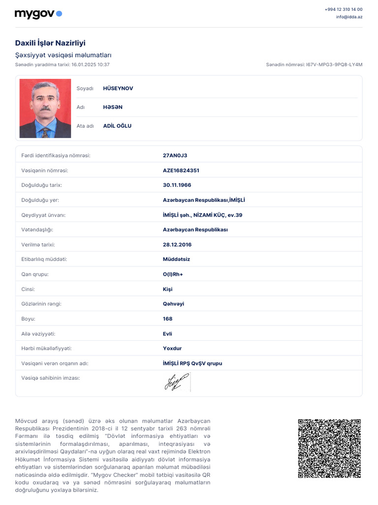 Daxili İşlər Nazirliyi: Şəxsiyyət Vəsiqəsi Məlumatları | PDF