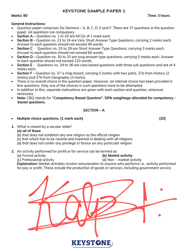 Keystone Sample Paper 1 (S) | PDF