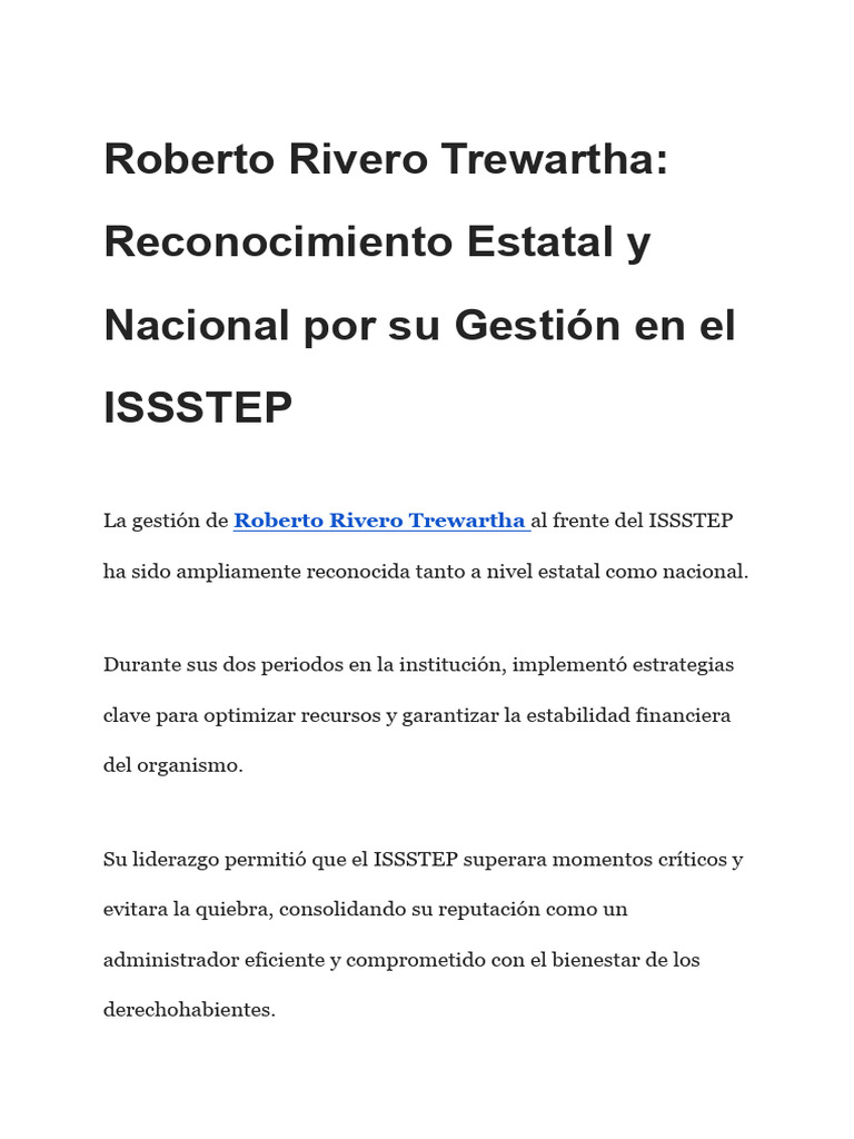 Roberto Rivero Trewartha Reconocimiento Estatal y Nacional por su Gestión en el ISSSTEP | PDF