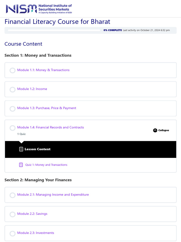 Financial Literacy Course for Bharat – NISM eLearning | PDF