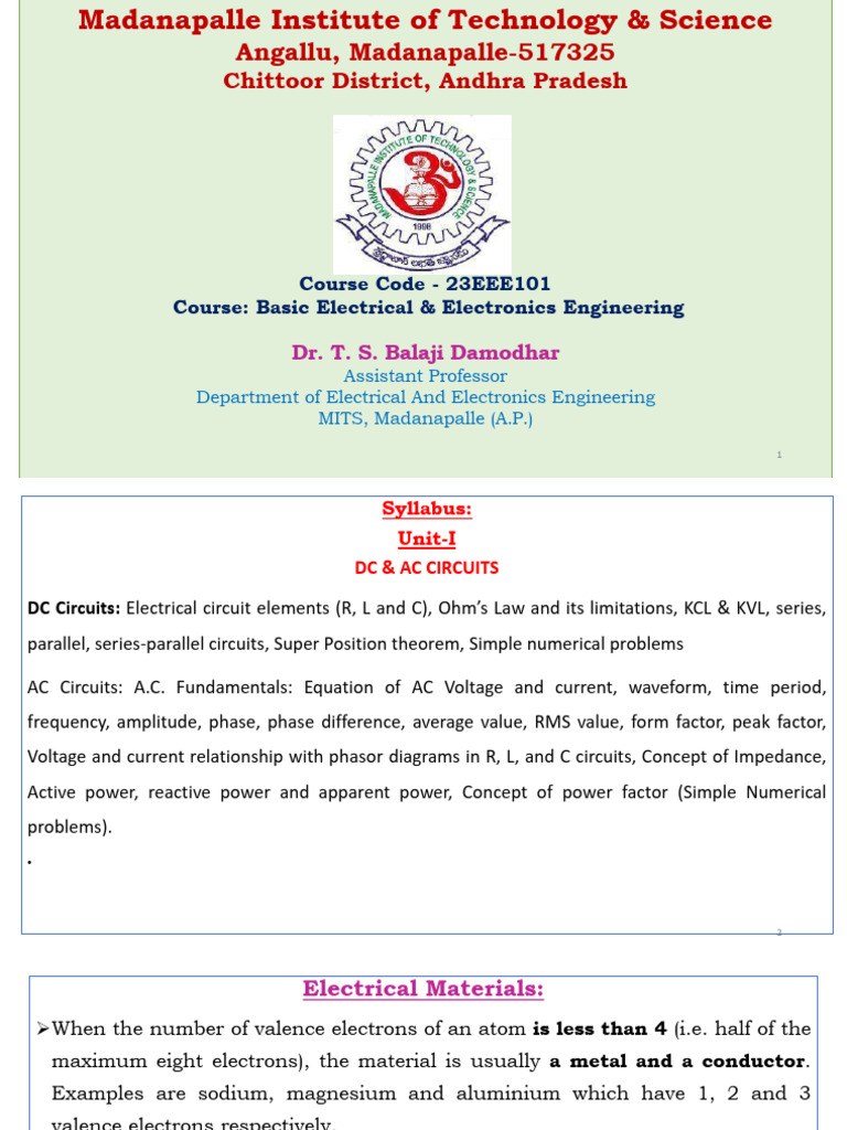 Basic Electrical Engineering Syllabus | PDF | Series And Parallel Circuits | Electric Power