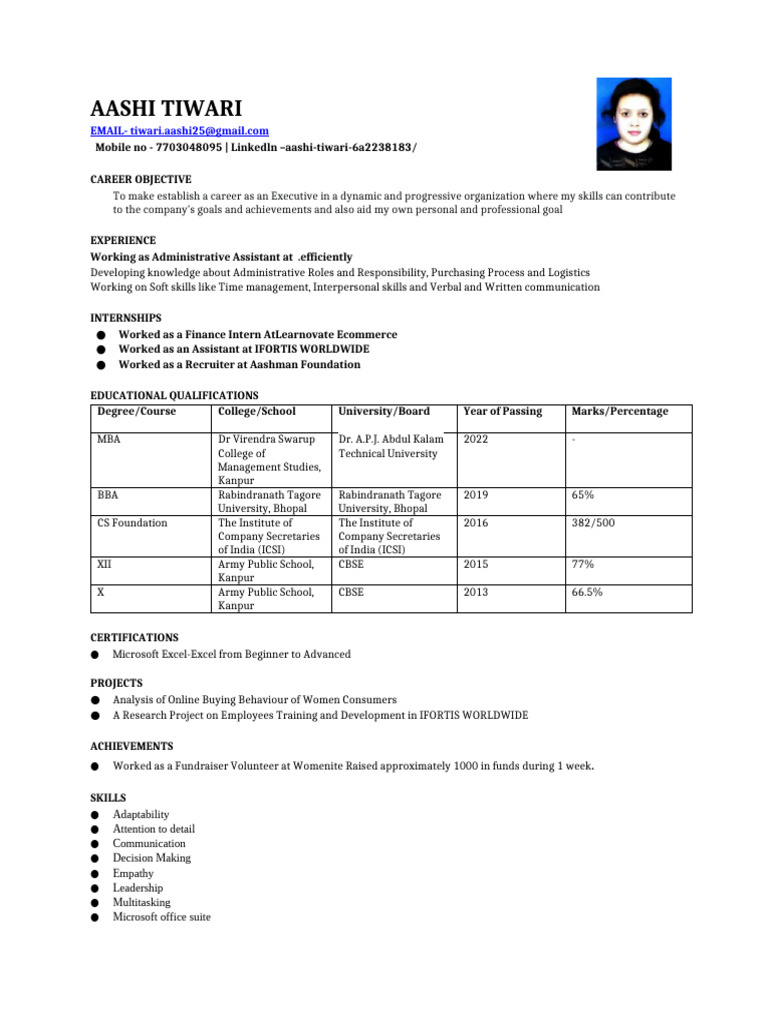 Aashi Tiwari CV | PDF