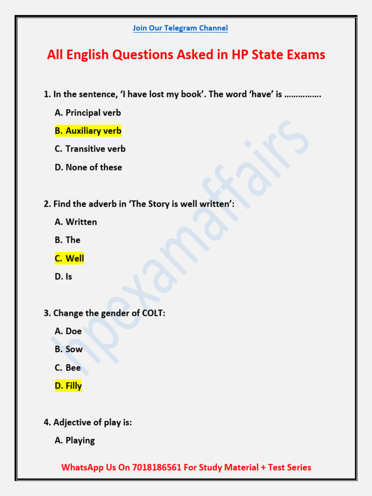 All English Questions Asked in HP State Exams | PDF | Verb | Adjective