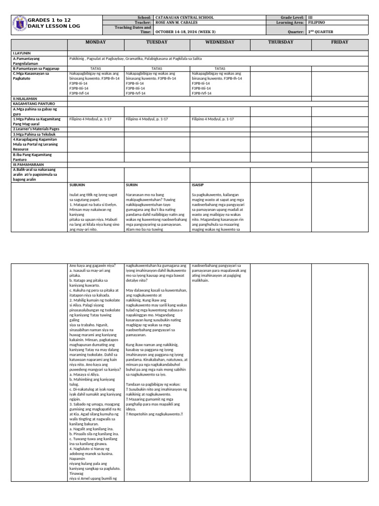 DLL Filipino 3 q2 w3 | PDF