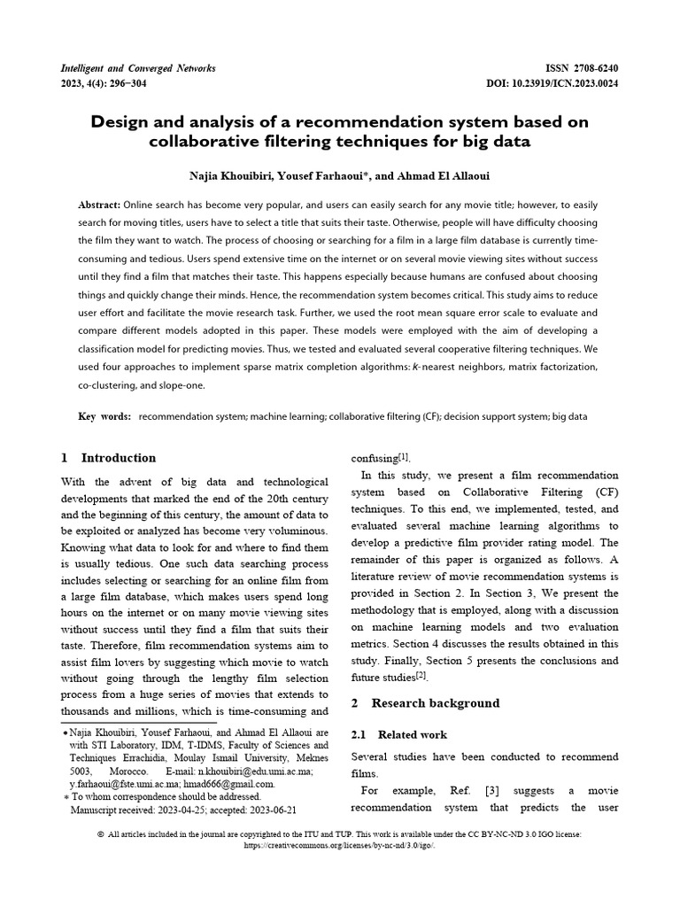 Design and Analysis of A Recommendation System Based On Collaborative Filtering Techniques For ...